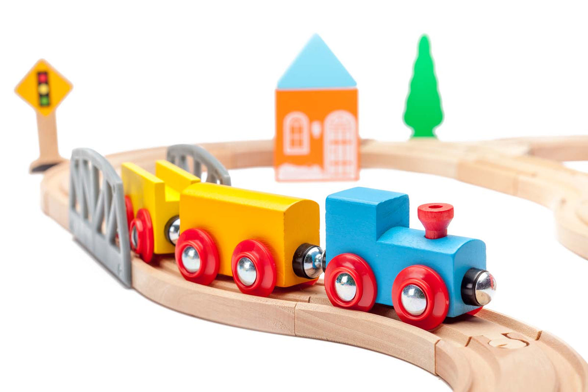 Starter Wooden Train Set with Blue Bridge – WoodenTracks